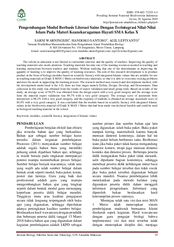 (PDF) Pengembangan Modul Berbasis Literasi Sains Dengan Terintegrasi Nilai-Nilai Islam Pada ...