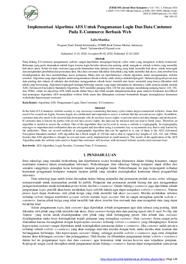 (PDF) Implementasi Algoritma AES Untuk Pengamanan Login Dan Data Customer Pada E-Commerce ...