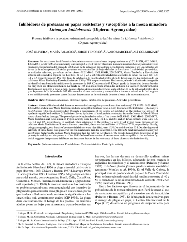 (PDF) Inhibidores de proteasas en papas resistentes y susceptibles a la ...