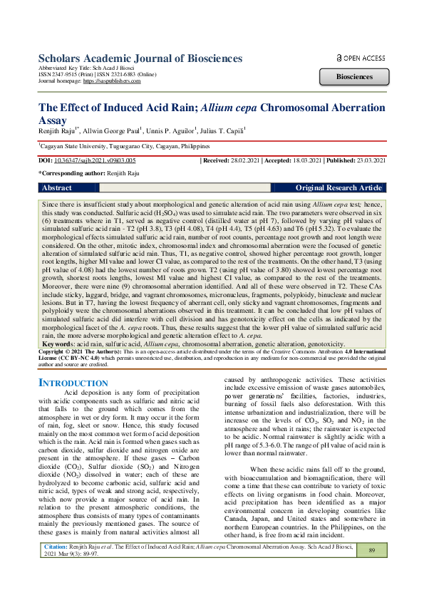 (PDF) The Effect of Induced Acid Rain; Allium cepa Chromosomal ...