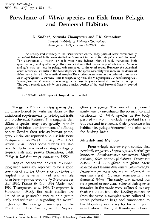 (PDF) Prevalence of Vibrio species on fish from pelagic and demersal ...