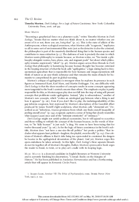 (PDF) Timothy Morton. Dark Ecology: For a Logic of Future Coexistence