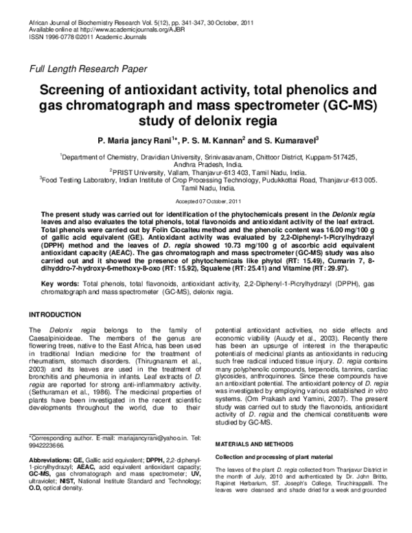 (PDF) Screening of antioxidant activity, total phenolics and gas chromatograph and mass ...