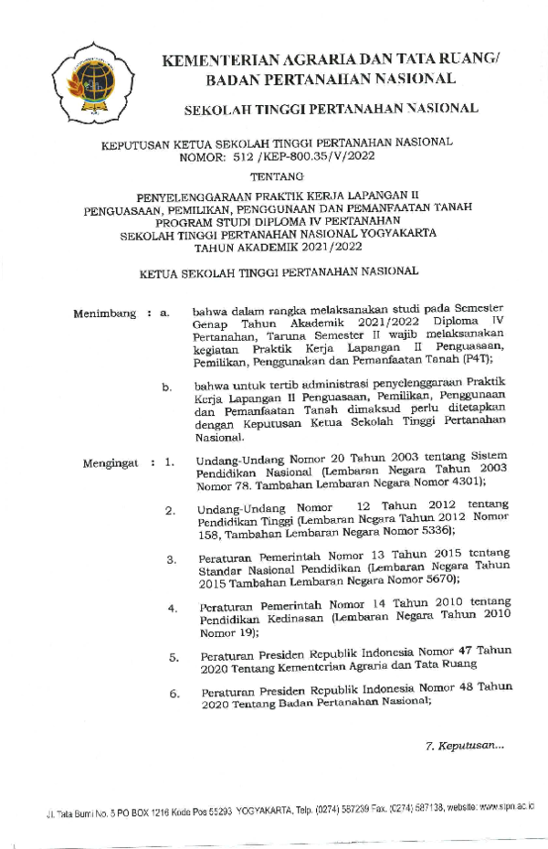 (PDF) SK PKL II IP4T - Sekolah Tinggi Pertanahan Nasional Tahun 2022