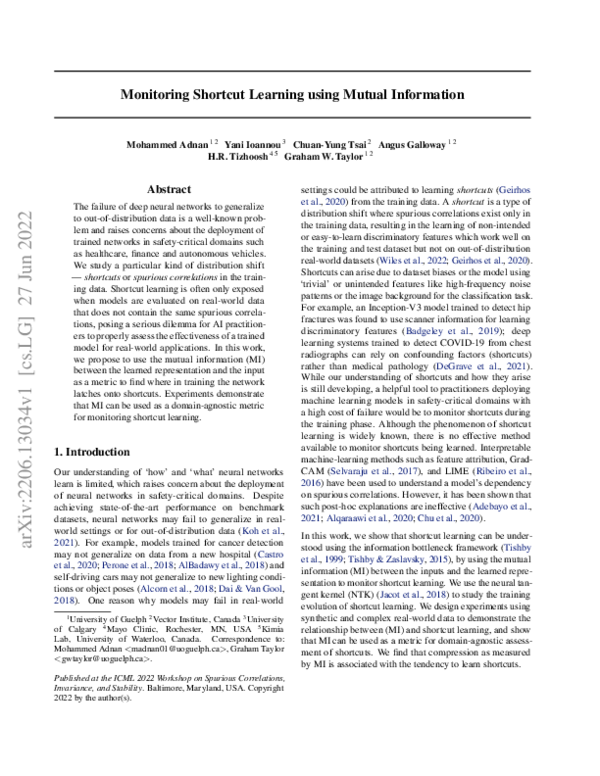 (PDF) Monitoring Shortcut Learning using Mutual Information