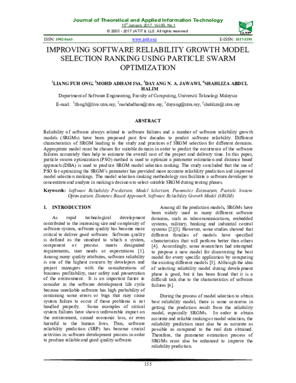 (PDF) Improving software reliability growth model selection ranking using particle swarm ...