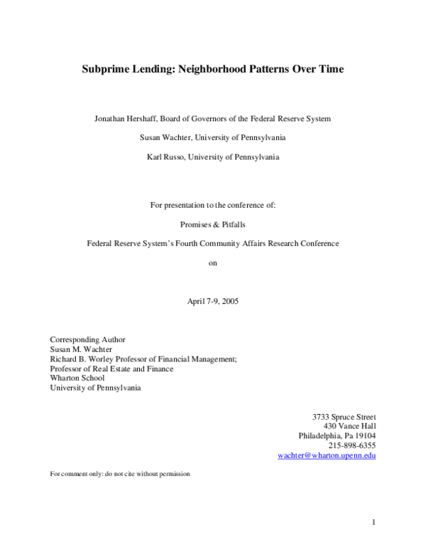 (PDF) Subprime lending: neighborhood patterns over time