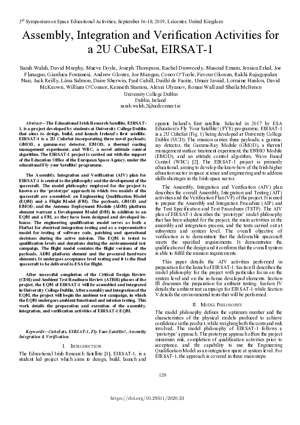 (PDF) Assembly Integration and Verification Activities for a 2U CubeSat EIRSAT-1