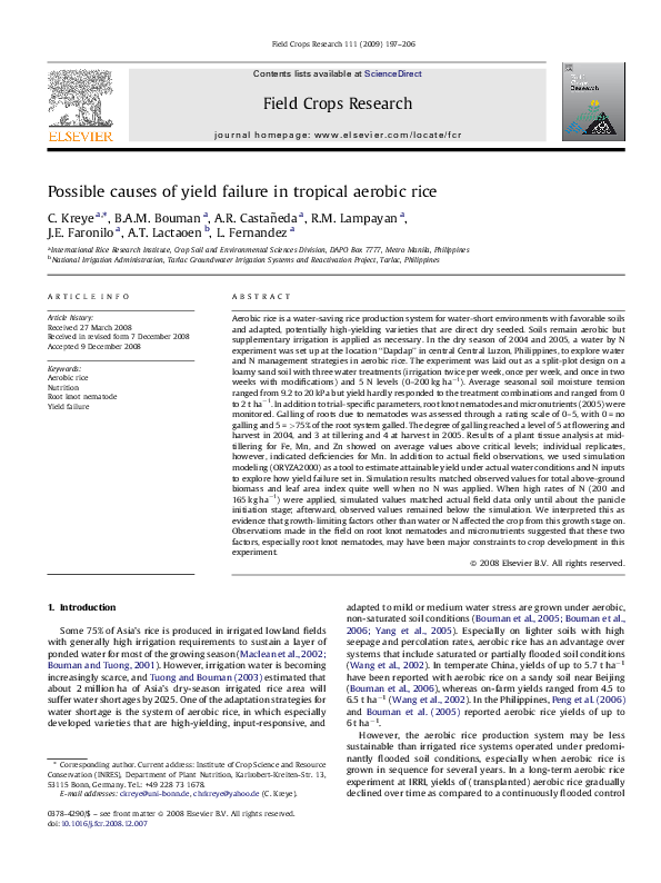 (PDF) Possible causes of yield failure in tropical aerobic rice