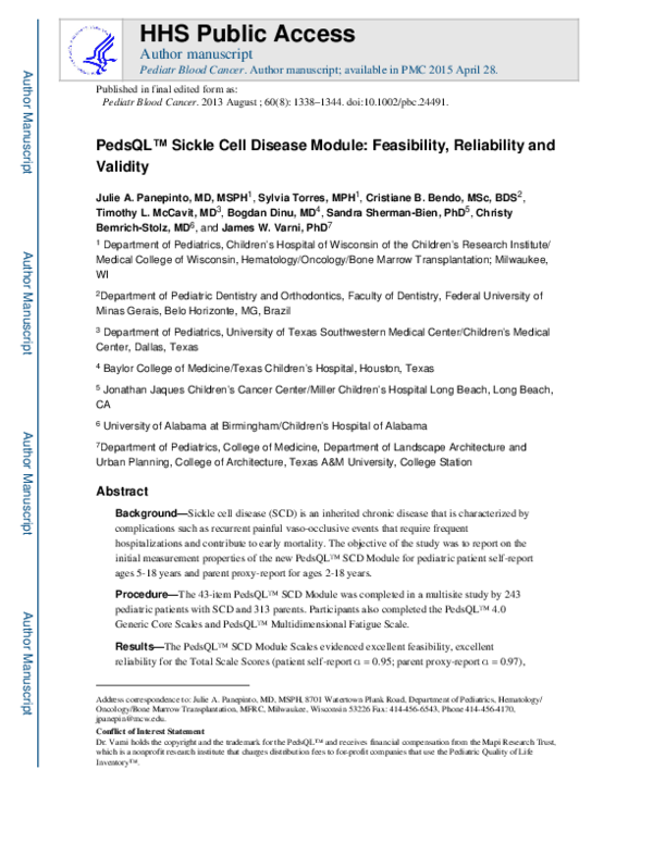 (PDF) PedsQL™ sickle cell disease module: Feasibility, reliability, and validity
