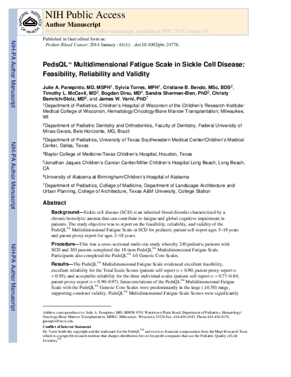 (PDF) PedsQL™ multidimensional fatigue scale in sickle cell disease ...