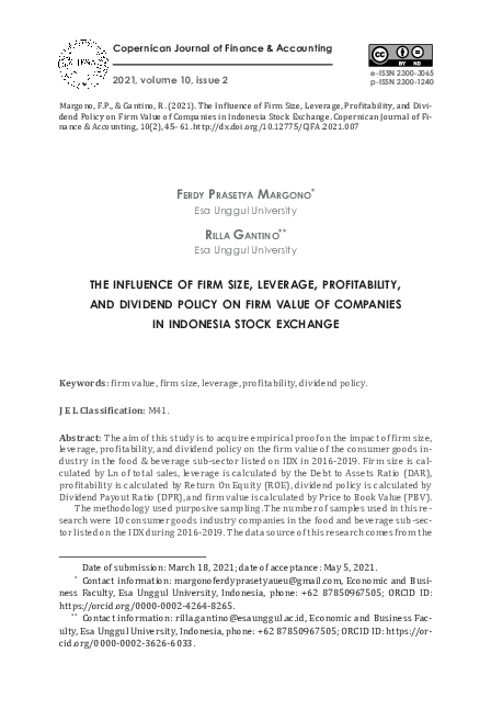 (PDF) Influence of Firm Size, Leverage, Profitability, and Dividend Policy on Firm Value of ...