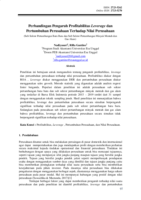 (PDF) Perbandingan Pengaruh Profitabilitas Leverage dan Pertumbuhan Perusahaan Terhadap Nilai ...