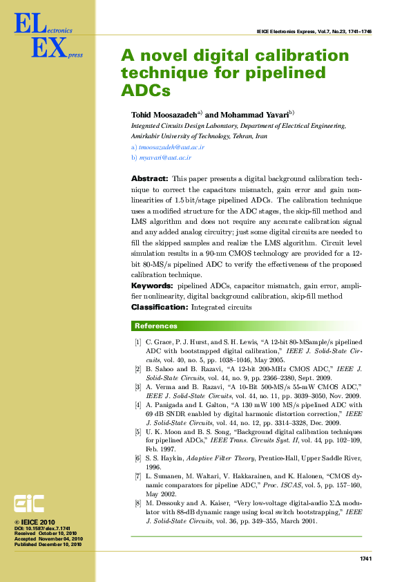(PDF) A novel digital calibration technique for pipelined ADCs
