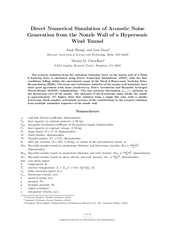(PDF) Direct Numerical Simulation of Acoustic Noise Generation from the ...