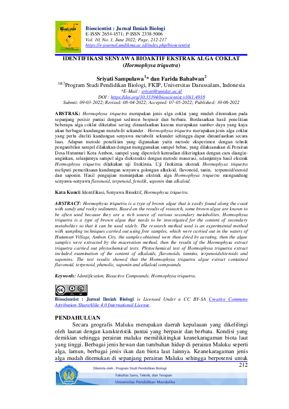 (PDF) Identifikasi Senyawa Bioaktif Ekstrak Alga Coklat (Hormophysa triquetra)