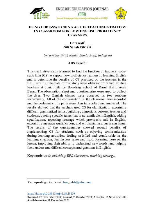 (PDF) Using code-switching as the teaching strategy in classroom for low English proficiency ...
