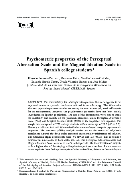(PDF) Psychometric properties of the Perceptual Aberration Scale and ...