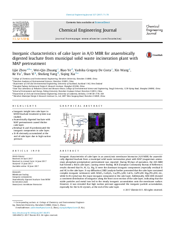 (PDF) Inorganic characteristics of cake layer in A/O MBR for ...