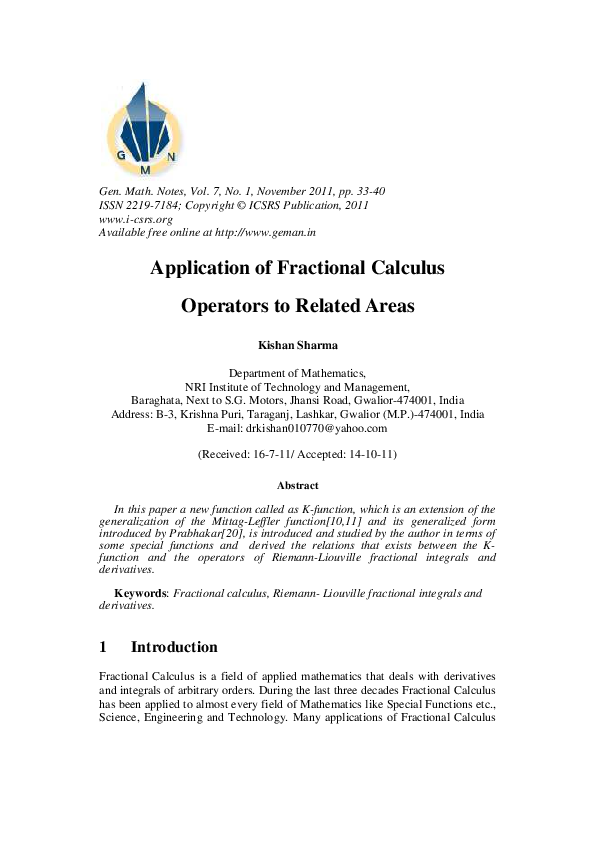 Pdf Application Of Fractional Calculus Operators To Related Areas