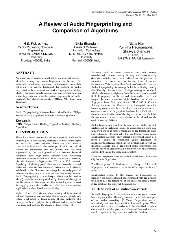 (PDF) A Review of Audio Fingerprinting and Comparison of Algorithms
