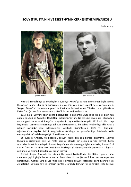 (PDF) SOVYET RUSYA'NIN VE ESKİ TKP'NİN ÇERKES ETHEM FİYASKOSU