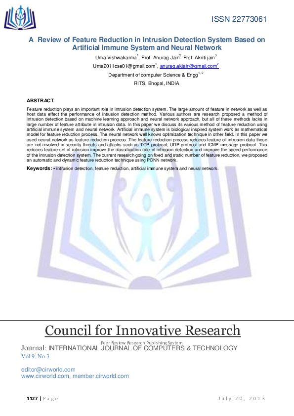 Pdf A Review Of Feature Reduction In Intrusion Detection System Based