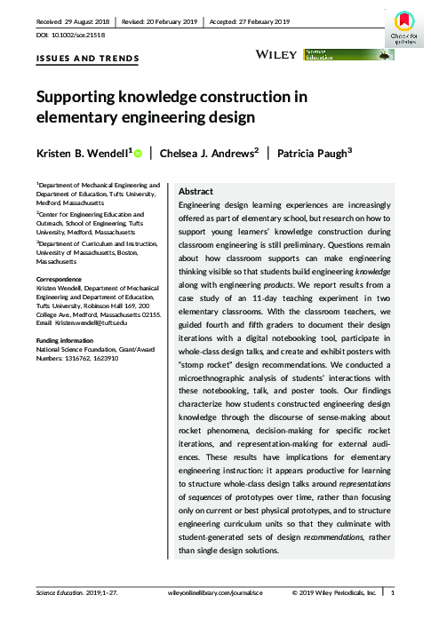 (PDF) Supporting knowledge construction in elementary engineering design