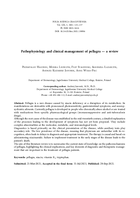 (PDF) Pathophysiology and clinical management of pellagra — a review