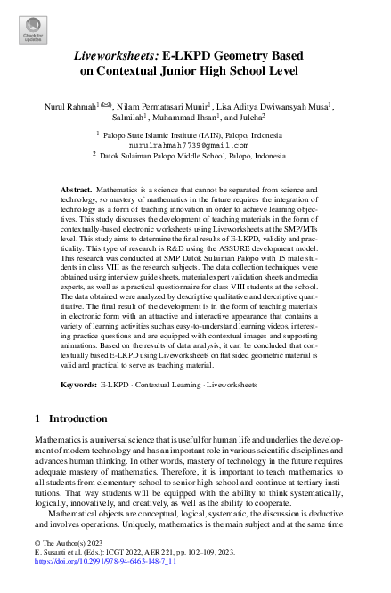 (PDF) Liveworksheets: E-LKPD Geometry Based on Contextual Junior High School Level