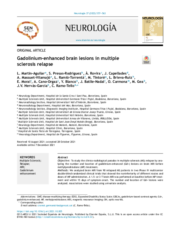 (PDF) Gadolinium-enhanced brain lesions in multiple sclerosis relapse