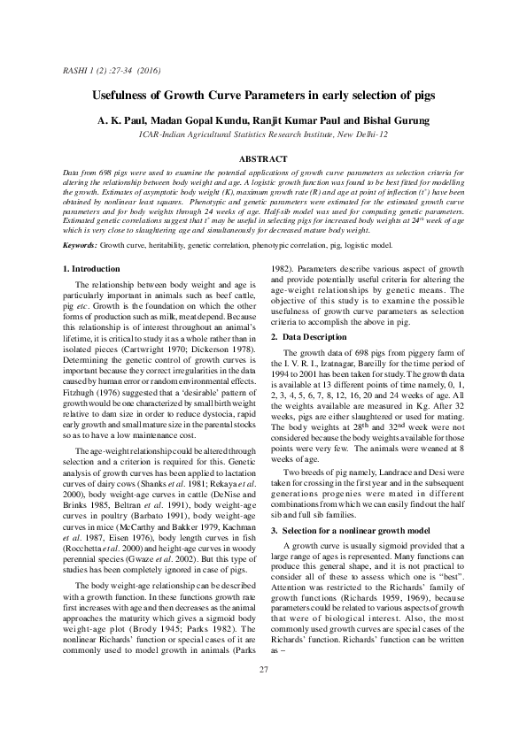 (PDF) Usefulness of Growth Curve Parameters in early selection of pigs
