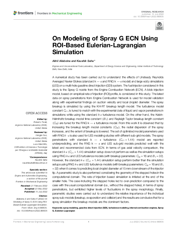 (PDF) On Modeling of Spray G ECN Using ROI-Based Eulerian-Lagrangian Simulation
