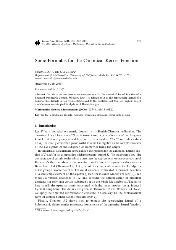 (PDF) Some Formulas for the Canonical Kernel Function