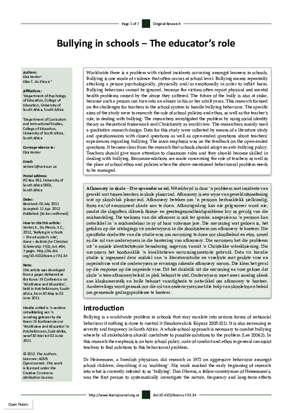 (PDF) Bullying in schools - the educator's role : original research