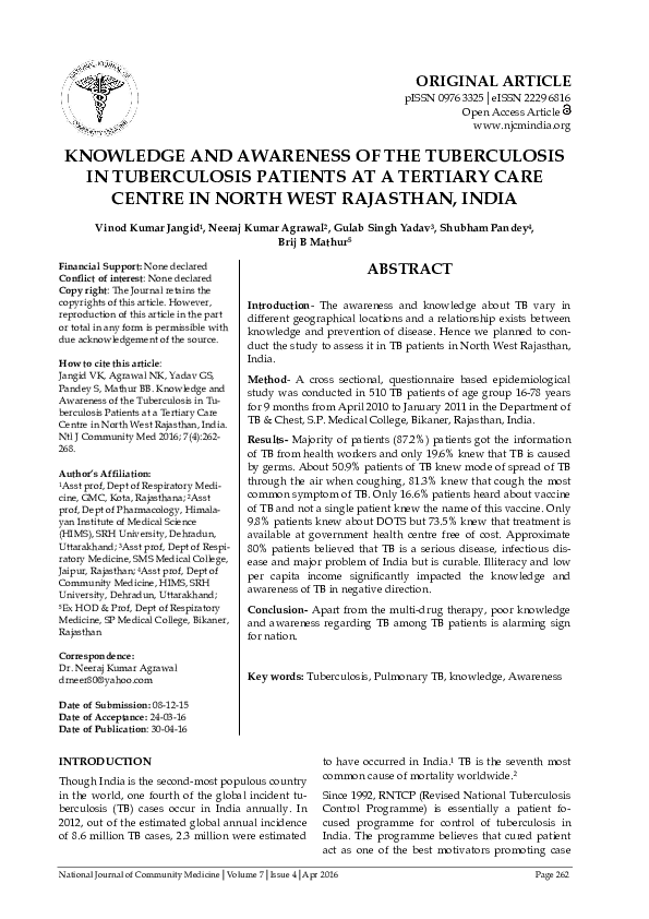 (PDF) KNOWLEDGE AND AWARENESS OF THE TUBERCULOSIS IN TUBERCULOSIS ...
