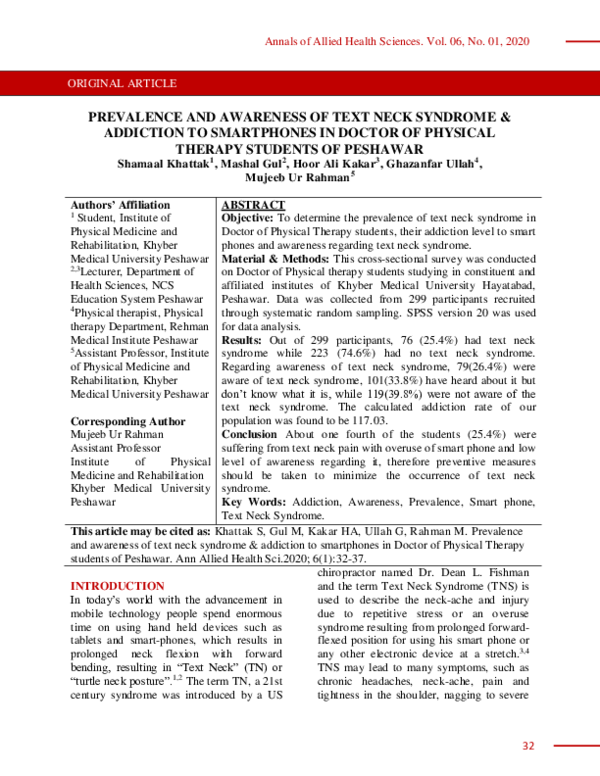 (PDF) PREVALENCE AND AWARENESS OF TEXT NECK SYNDROME & ADDICTION TO ...