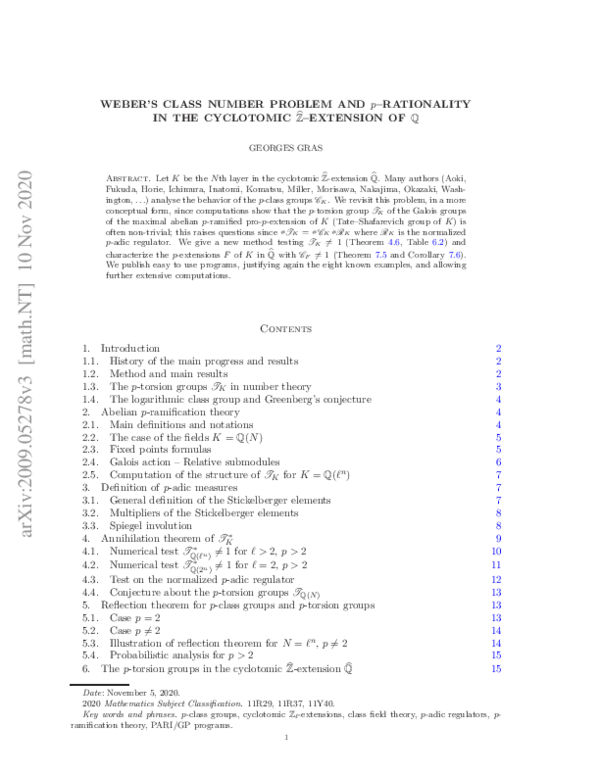 (PDF) Weber's class number problem and p--rationality in the cyclotomic ...