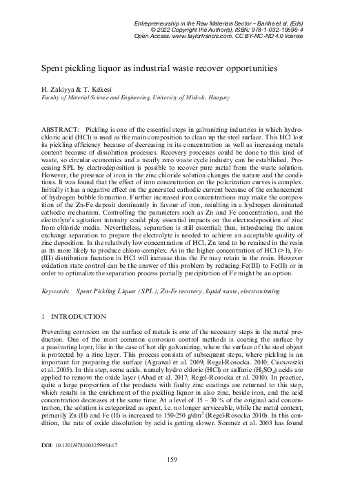 (PDF) Spent pickling liquor as industrial waste recover opportunities