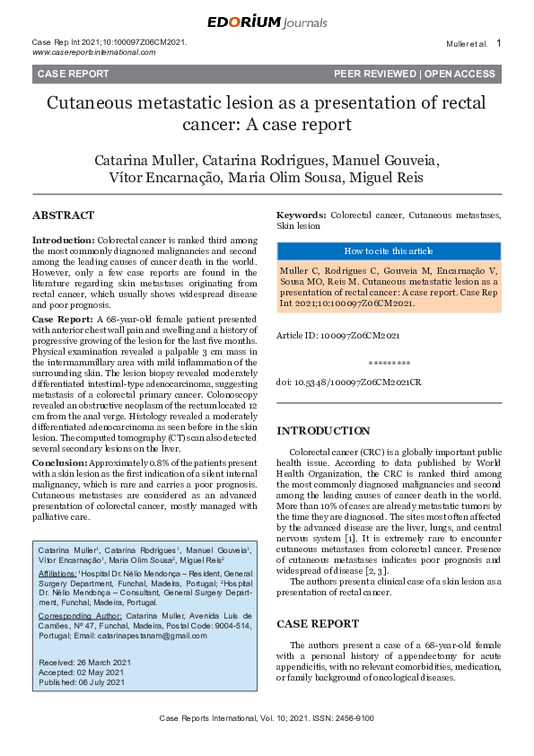 (PDF) Cutaneous metastatic lesion as a presentation of rectal cancer: A case report | Reis ...