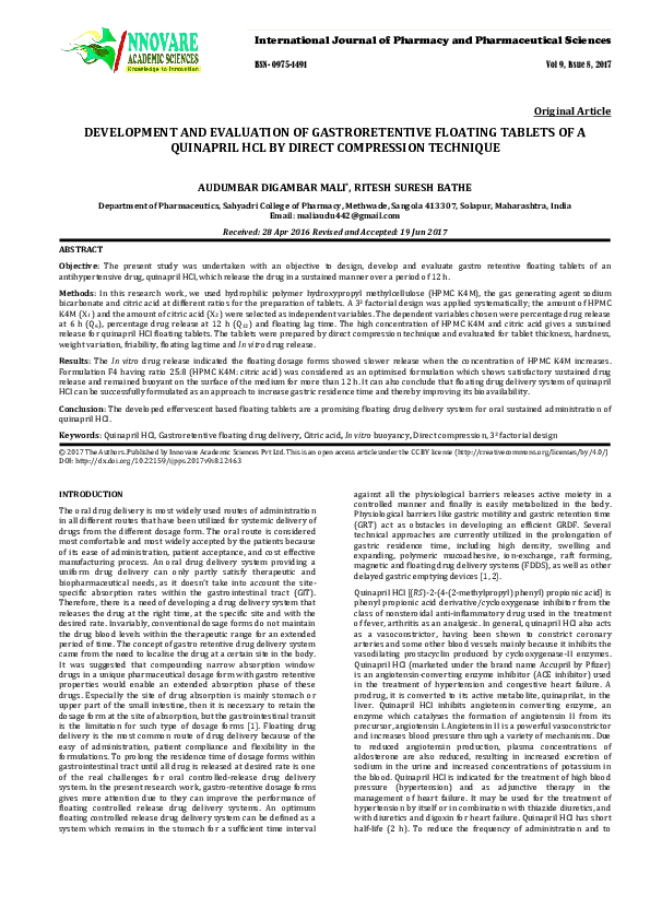 (PDF) Development and Evaluation of Gastroretentive Floating Tablets of ...