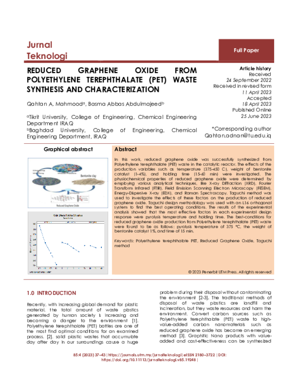 (PDF) Reduced Graphene Oxide from Polyethylene Terephthalate (Pet) Waste Synthesis and ...