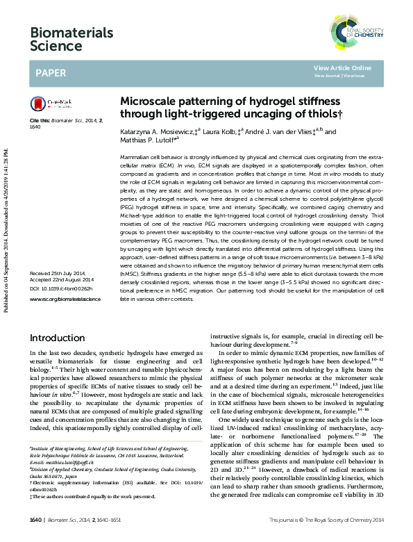(PDF) Microscale patterning of hydrogel stiffness through light-triggered uncaging of thiols ...