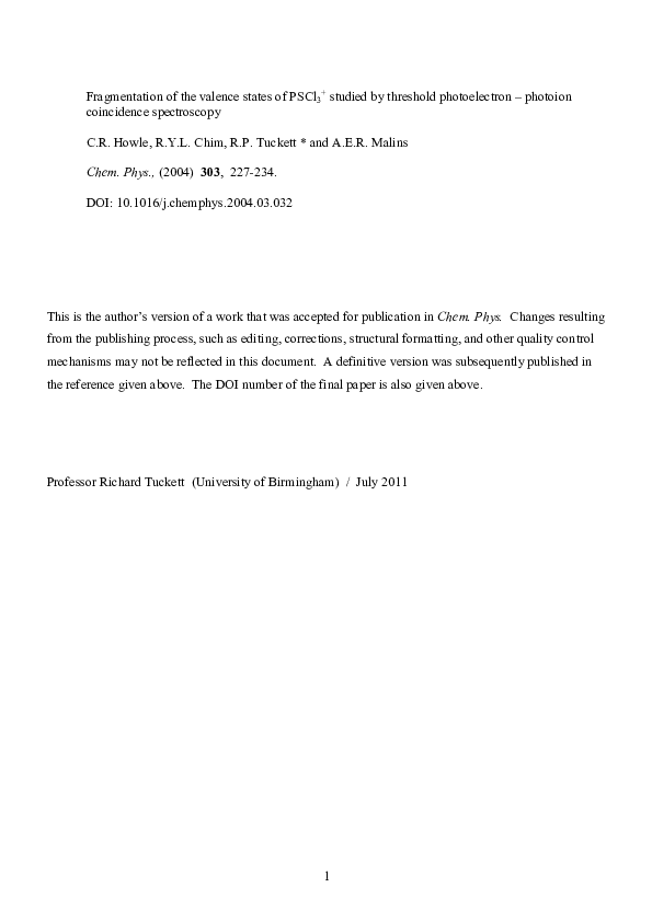 (PDF) Fragmentation of the valence electronic states of PSCl3+ studied ...