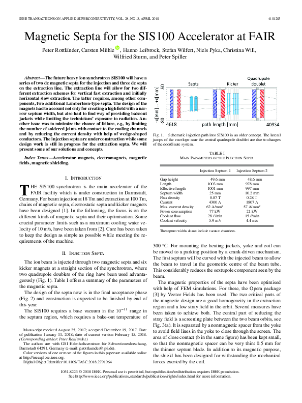 (PDF) Magnetic Septa for the SIS100 Accelerator at FAIR