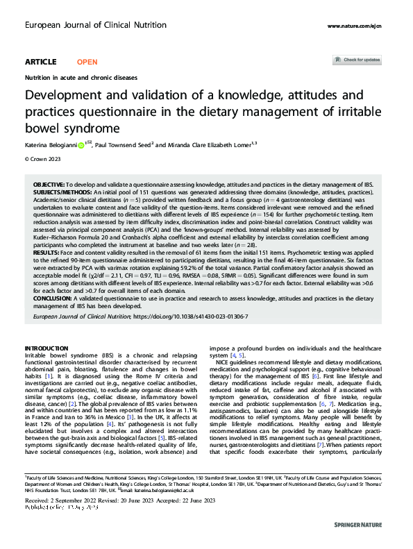 (PDF) Development and validation of a knowledge, attitudes and practices questionnaire in the ...