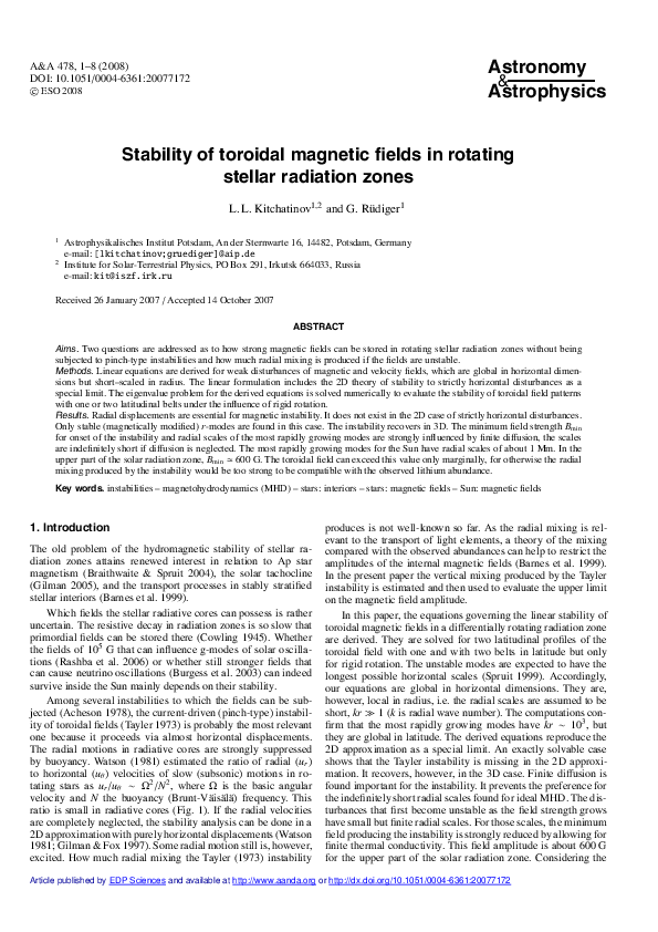 (PDF) Stability of toroidal magnetic fields in rotating stellar radiation zones | Guenther ...