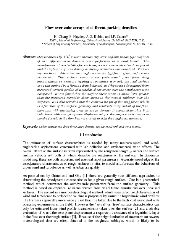 (PDF) Flow over cube arrays of different packing densities