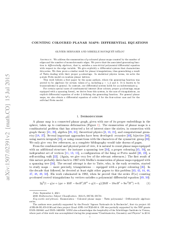 (PDF) Counting coloured planar maps: differential equations