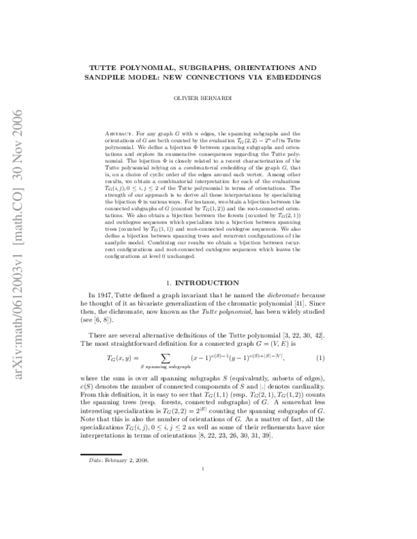 (PDF) Tutte polynomial, subgraphs, orientations and sandpile model: new connections via embeddings